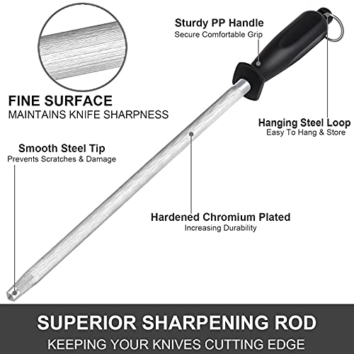 Honing Steel Knife Sharpening Rod 12 inches, Premium Carbon Steel Knife Sharpener Stick, Easy to Use Honer for Knives and Rod Sharpeners - Daily Maintenance