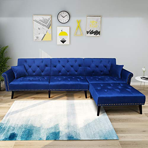 SIU Sectional Convertible Futon Sofa Bed,Mid-Century Button Tufted Sofa 2 Pillows,Reversible Chaise,L Shape Sectional Couch Sleeper Velvet Sleeper Sofa for Living Room Furniture (Navy Blue)