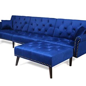 SIU Sectional Convertible Futon Sofa Bed,Mid-Century Button Tufted Sofa 2 Pillows,Reversible Chaise,L Shape Sectional Couch Sleeper Velvet Sleeper Sofa for Living Room Furniture (Navy Blue)