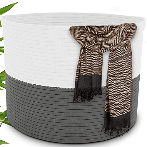 Round Cotton Laundry Rope Basket Natural Pure Woven Perfect for Blankets, Pillows, Toys and Any Other Storage in the Living or Any Other Room Grey/White (XXXL - 22" X 14")