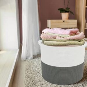 Round Cotton Laundry Rope Basket Natural Pure Woven Perfect for Blankets, Pillows, Toys and Any Other Storage in the Living or Any Other Room Grey/White (XXXL - 22" X 14")