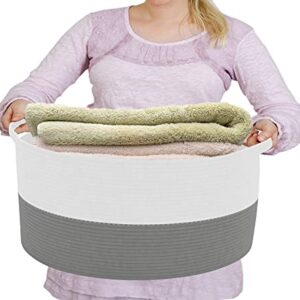 Round Cotton Laundry Rope Basket Natural Pure Woven Perfect for Blankets, Pillows, Toys and Any Other Storage in the Living or Any Other Room Grey/White (XXXL - 22" X 14")