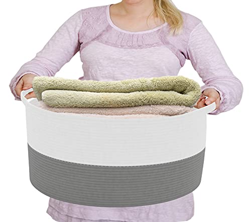 Round Cotton Laundry Rope Basket Natural Pure Woven Perfect for Blankets, Pillows, Toys and Any Other Storage in the Living or Any Other Room Grey/White (XXXL - 22" X 14")