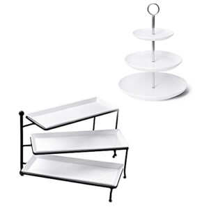 sweese 731.101 3 tiered serving stand, foldable rectangular food display stand with white porcelain platters - serving trays, dessert display server for brithday party, valentine's day and events