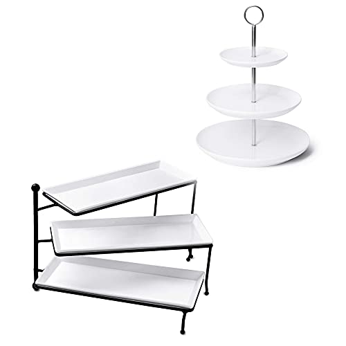 Sweese 731.101 3 Tiered Serving Stand, Foldable Rectangular Food Display Stand with White Porcelain Platters - Serving Trays, Dessert Display Server for Brithday Party, Valentine's Day and Events