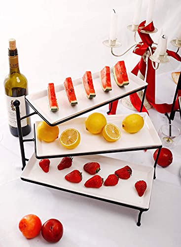 Sweese 731.101 3 Tiered Serving Stand, Foldable Rectangular Food Display Stand with White Porcelain Platters - Serving Trays, Dessert Display Server for Brithday Party, Valentine's Day and Events