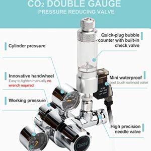 Clscea Aquarium CO2 Regulator Dual Gauge with Bubble Counter and Solenoid Valve, Single Stage