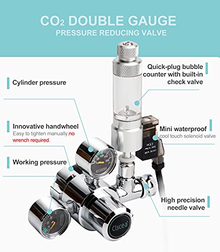 Clscea Aquarium CO2 Regulator Dual Gauge with Bubble Counter and Solenoid Valve, Single Stage