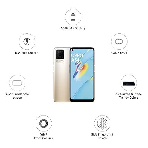 OPPO A54 CPH2239 Dual SIM 64GB ROM + 4GB RAM Factory Unlocked 4G/LTE Smartphone (Gold) - International Version