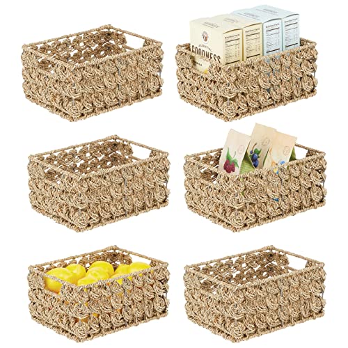 mDesign Seagrass Woven Rectangular Storage Basket Bin with Handles, Rectangle Weave Seagrass Storage Baskets for Shelves, Cubbies, Home, Hold Hand Towels, Food, Snacks, Appliances, 6 Pack, Natural/Tan