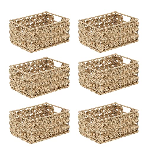 mDesign Seagrass Woven Rectangular Storage Basket Bin with Handles, Rectangle Weave Seagrass Storage Baskets for Shelves, Cubbies, Home, Hold Hand Towels, Food, Snacks, Appliances, 6 Pack, Natural/Tan