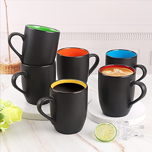 Farielyn-X 6 Pack Coffee Mug Set, 16 Ounce Ceramic Coffee Cups, Black Large Coffee mugs, Restaurant Coffee Cups for Coffee, Tea, Cappuccino, Cocoa, Cereal, Matte Black Outside and Colorful Inside