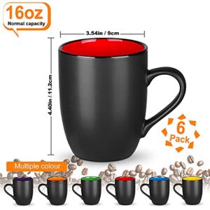 Farielyn-X 6 Pack Coffee Mug Set, 16 Ounce Ceramic Coffee Cups, Black Large Coffee mugs, Restaurant Coffee Cups for Coffee, Tea, Cappuccino, Cocoa, Cereal, Matte Black Outside and Colorful Inside