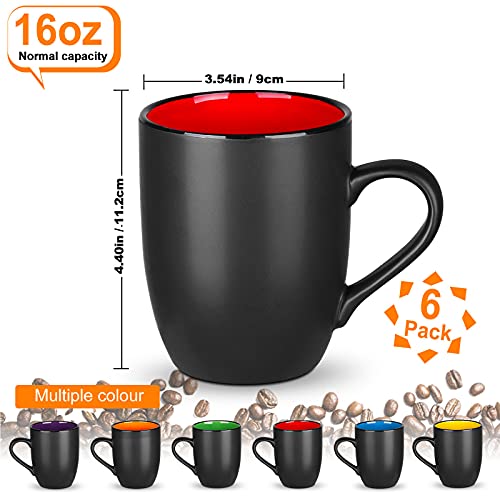 Farielyn-X 6 Pack Coffee Mug Set, 16 Ounce Ceramic Coffee Cups, Black Large Coffee mugs, Restaurant Coffee Cups for Coffee, Tea, Cappuccino, Cocoa, Cereal, Matte Black Outside and Colorful Inside