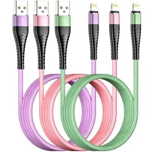 3colored iphone lightning cable 6ft 3packs premium usb charging cord, apple mfi certified for iphone charger, iphone 13/12/11/se/xs/xs max/xr/x/8 plus/7/6 plus pro air2(purple/green/pink)