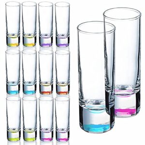 vivimee 12 pack colored shot glass set, 2 oz heavy base tall glass set, clear shot glasses bulk, tequila cups small glass, shot glasses for whiskey, tequila, vodka, spirits & liquors