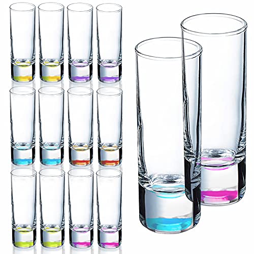 Vivimee 12 Pack Colored Shot Glass Set, 2 oz Heavy Base Tall Glass Set, Clear Shot Glasses Bulk, Tequila Cups Small Glass, Shot Glasses for Whiskey, Tequila, Vodka, Spirits & Liquors