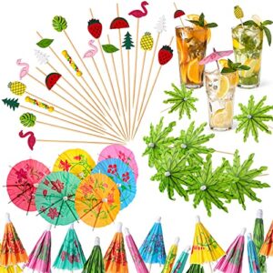 160 pieces cocktail picks 4.7 inch fruit sticks bamboo toothpicks green tropical coconut palm summer day paper umbrellas and colorful drink umbrellas for luau hawaii beach party (mixed style)