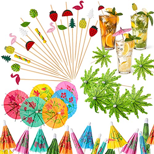 160 Pieces Cocktail Picks 4.7 Inch Fruit Sticks Bamboo Toothpicks Green Tropical Coconut Palm Summer Day Paper Umbrellas and Colorful Drink Umbrellas for Luau Hawaii Beach Party (Mixed Style)