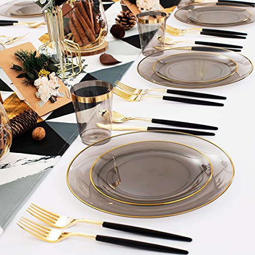 Supernal 180pcs Black Plastic Dinnerware Set,Black Plastic Plates,Clear Plastic Plates with Gold Rim,Gold Plastic Silverware,Black Clear Gold Cups for Christmas, Thanksgiving, Halloween