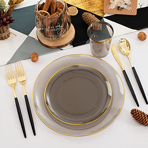 Supernal 180pcs Black Plastic Dinnerware Set,Black Plastic Plates,Clear Plastic Plates with Gold Rim,Gold Plastic Silverware,Black Clear Gold Cups for Christmas, Thanksgiving, Halloween