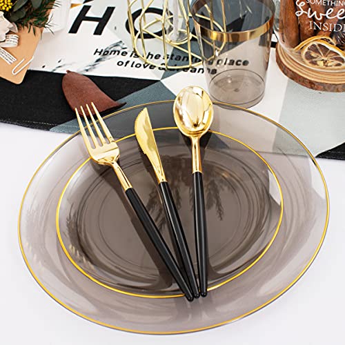 Supernal 180pcs Black Plastic Dinnerware Set,Black Plastic Plates,Clear Plastic Plates with Gold Rim,Gold Plastic Silverware,Black Clear Gold Cups for Christmas, Thanksgiving, Halloween