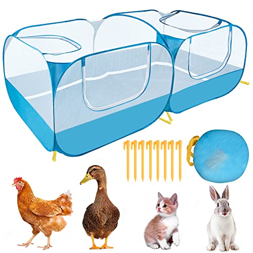 Lukovee Small Animals Playpen, Chicken Pen with Escape-Proof Detachable Bottom & 4 Zipper Doors, Breathable Foldable Portable Large Chicken Run Coop for Puppy Duck Kitten Rabbits Outdoor Yard (Blue)