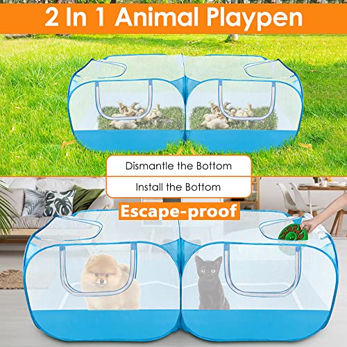 Lukovee Small Animals Playpen, Chicken Pen with Escape-Proof Detachable Bottom & 4 Zipper Doors, Breathable Foldable Portable Large Chicken Run Coop for Puppy Duck Kitten Rabbits Outdoor Yard (Blue)