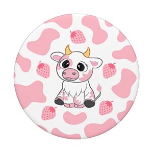 Cute Pink Strawberry Cow Print Aesthetic Pattern Kawaii PopSockets Swappable PopGrip