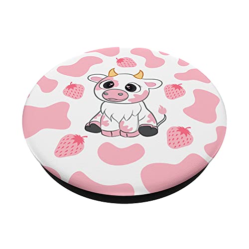 Cute Pink Strawberry Cow Print Aesthetic Pattern Kawaii PopSockets Swappable PopGrip