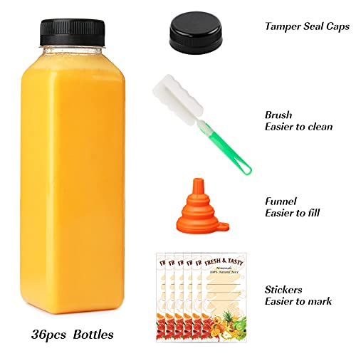 BAKHUK 36pcs 16oz Empty Plastic Juice Bottles with Caps, Reusable Clear Bulk Beverage Containers for Juice, Milk and Other Beverages