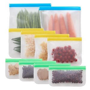 10 pack reusable food storage bags, bpa free reusable freezer bags(2 reusable gallon bags + 4 leakproof reusable sandwich bags + 4 food grade kids snack bags) resealable lunch bag for meat fruit veggies