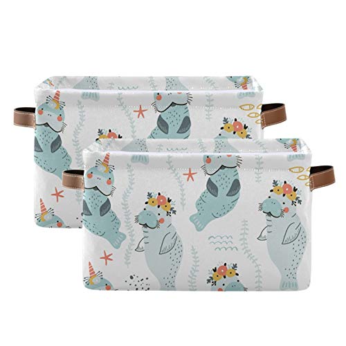 Large Foldable Storage Bin Cute Manatees with Floral Fabric Storage Baskets Collapsible Decorative Baskets Organizing Basket Bin with PU Handles for Shelves Home Closet Bedroom Living Room-2Pack