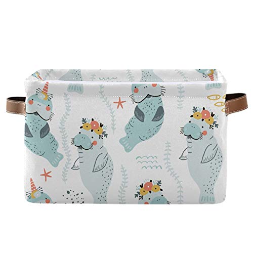 Large Foldable Storage Bin Cute Manatees with Floral Fabric Storage Baskets Collapsible Decorative Baskets Organizing Basket Bin with PU Handles for Shelves Home Closet Bedroom Living Room-2Pack