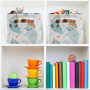 Large Foldable Storage Bin Cute Manatees with Floral Fabric Storage Baskets Collapsible Decorative Baskets Organizing Basket Bin with PU Handles for Shelves Home Closet Bedroom Living Room-2Pack