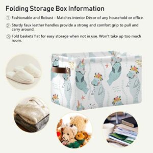 Large Foldable Storage Bin Cute Manatees with Floral Fabric Storage Baskets Collapsible Decorative Baskets Organizing Basket Bin with PU Handles for Shelves Home Closet Bedroom Living Room-2Pack