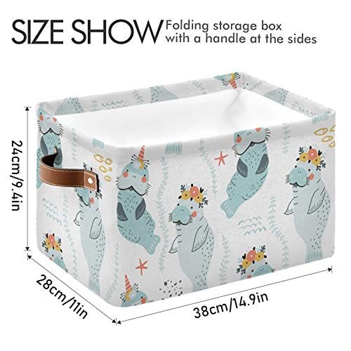 Large Foldable Storage Bin Cute Manatees with Floral Fabric Storage Baskets Collapsible Decorative Baskets Organizing Basket Bin with PU Handles for Shelves Home Closet Bedroom Living Room-2Pack