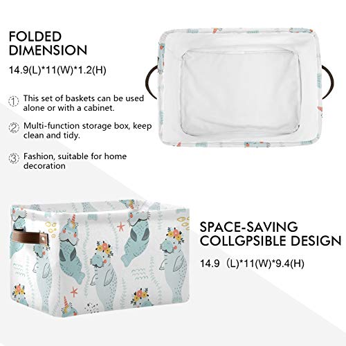 Large Foldable Storage Bin Cute Manatees with Floral Fabric Storage Baskets Collapsible Decorative Baskets Organizing Basket Bin with PU Handles for Shelves Home Closet Bedroom Living Room-2Pack