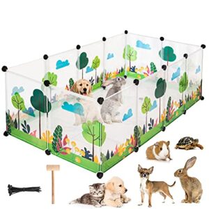 pupteck pet playpen for puppies/rabbits/kittens/guinea pigs/small animals, plastic indoor yard fence, printed cage with bottom, easy assembled and escape proof