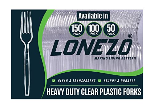 Lonezo [150 Count] Plastic Forks Clear Forks Plastic Disposable Shatter Resistant Disposable Forks Eco Friendly Plastic Forks Heavy Duty Plastic Utensils