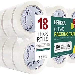 Clear Packing Tape, HERKKA 18 Rolls Heavy Duty Packaging Tape for Shipping Packaging Moving Sealing, Thicker Clear Packing Tape, 2 inches Wide, 65 Yards Per Roll, 1170 Total Yards