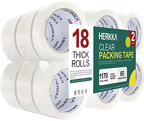 Clear Packing Tape, HERKKA 18 Rolls Heavy Duty Packaging Tape for Shipping Packaging Moving Sealing, Thicker Clear Packing Tape, 2 inches Wide, 65 Yards Per Roll, 1170 Total Yards