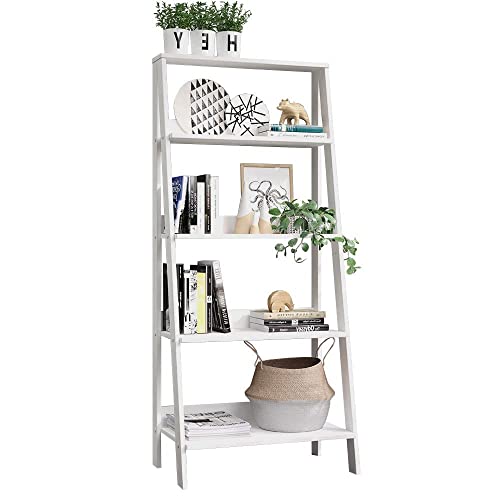 Madesa 5-Tier Ladder Shelf with Storage Space, Free Standing Bookshelf, Wood, 15" D x 24" W x 55" H – White