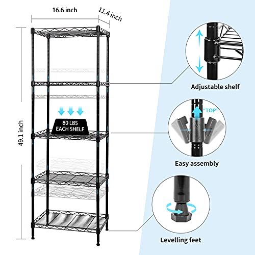 SUNLPH 5-Tier Wire Shelving Adjustable Shelves Unit Metal Storage Rack for Laundry Bathroom Kitchen Pantry Closet Organization (Black, 16.6" L x 11.4" W x 49.1" H)