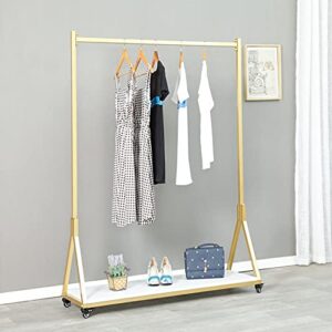 wfderan modern simple heavy duty metal and wood rolling clothing garment rack with wheel,creative commercial wedding dress display shelf,floor-standing clothes hangers (gold with wood, 47.2" l)