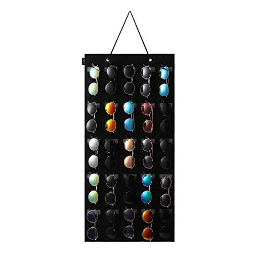 KGMCARE Sunglasses Organizer Storage- Hanging Eyeglasses Wall Pocket Mounted,Eyewear Display,25 Slots (Black, Large)