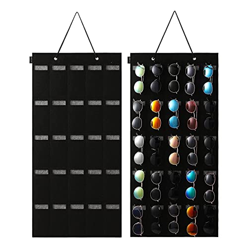 KGMCARE Sunglasses Organizer Storage- Hanging Eyeglasses Wall Pocket Mounted,Eyewear Display,25 Slots (Black, Large)