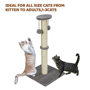 PEEKAB 32“Tall Cat Scratching Post Sisal Rope Scratch Posts with Soft Plush Platform Top and Interactive Ball Toys Vertical Scratcher for Indoor Cats Kitten (Gray)