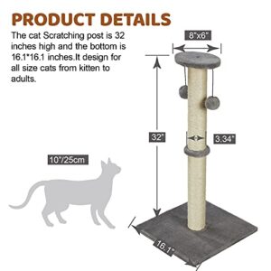 PEEKAB 32“Tall Cat Scratching Post Sisal Rope Scratch Posts with Soft Plush Platform Top and Interactive Ball Toys Vertical Scratcher for Indoor Cats Kitten (Gray)