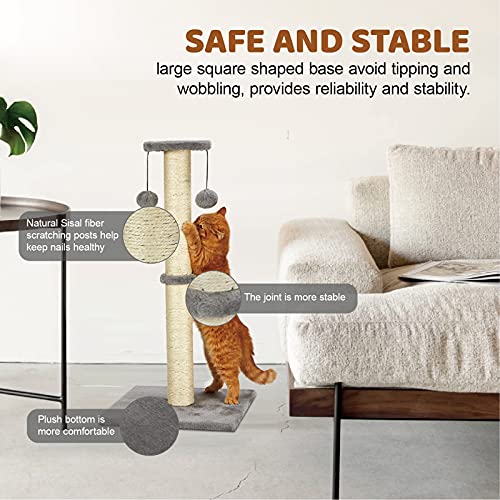 PEEKAB 32“Tall Cat Scratching Post Sisal Rope Scratch Posts with Soft Plush Platform Top and Interactive Ball Toys Vertical Scratcher for Indoor Cats Kitten (Gray)